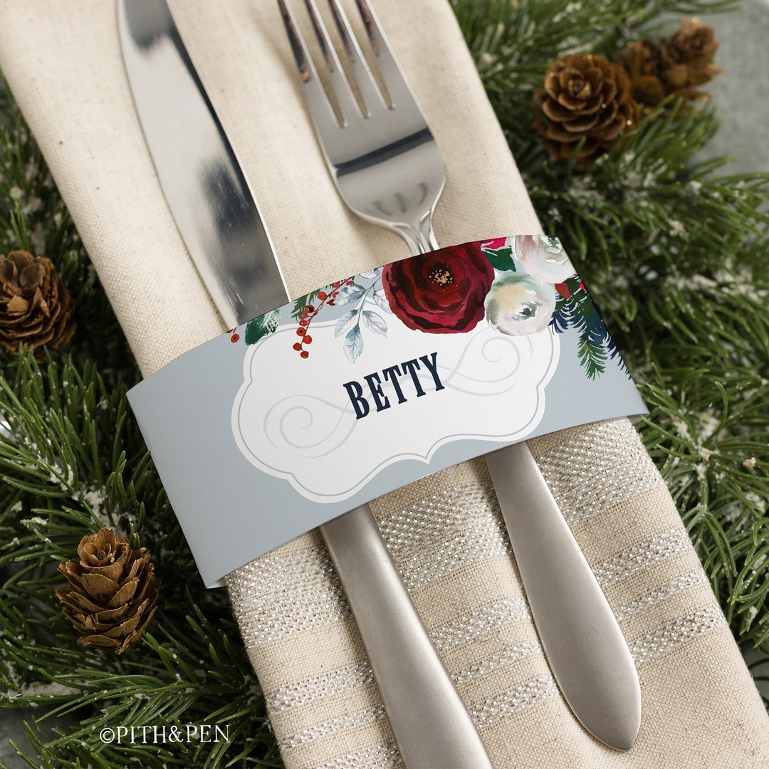 Blue Christmas Napkin Band Name Cards, Holiday Dinner Place Setting ...