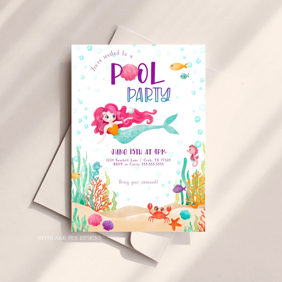 Mermaid Pool Party Invitation, Printable Beach Party, Corjl #064-34PI ...