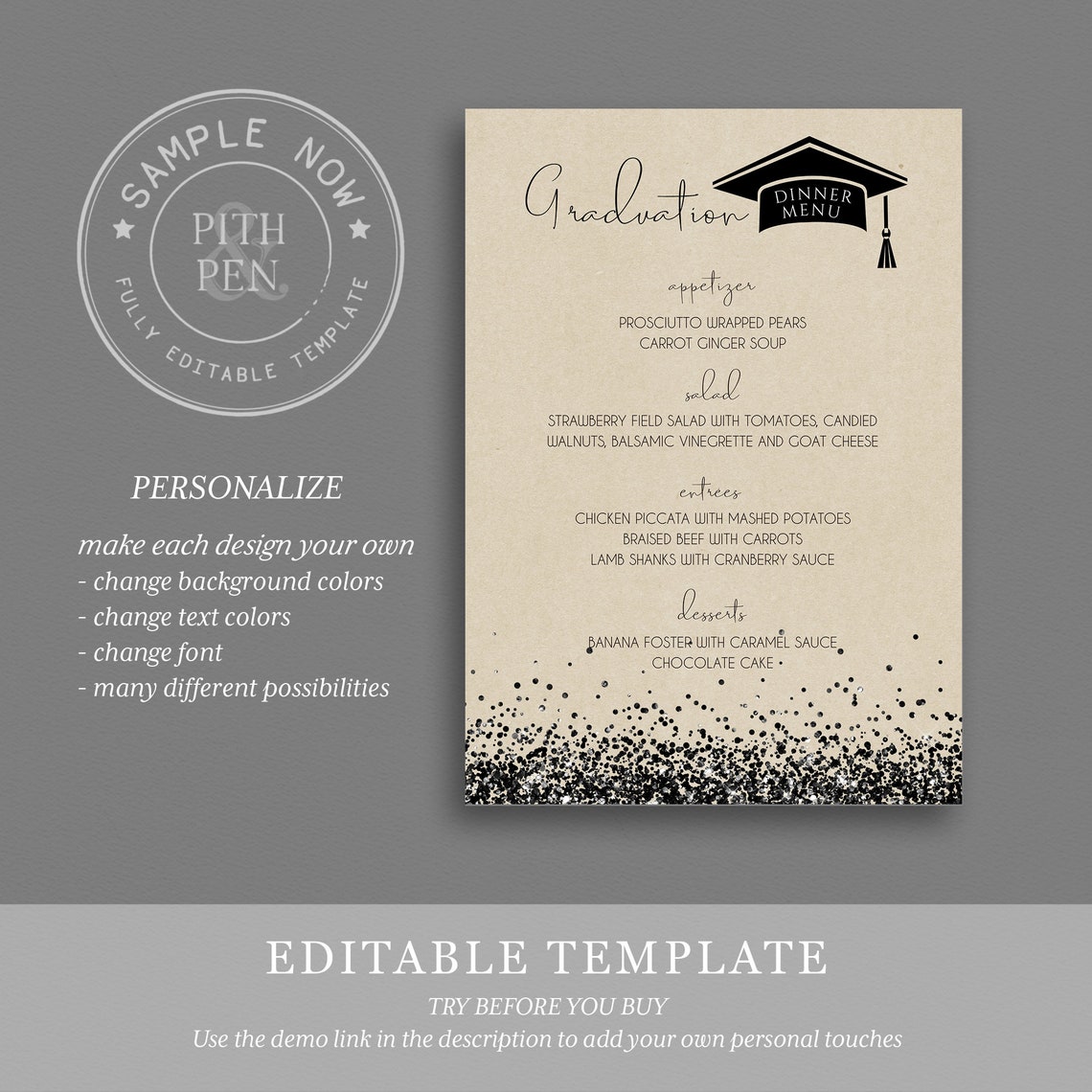 Black Glitter Graduation Dinner Menu, Printable Dinner Menu, Instant ...
