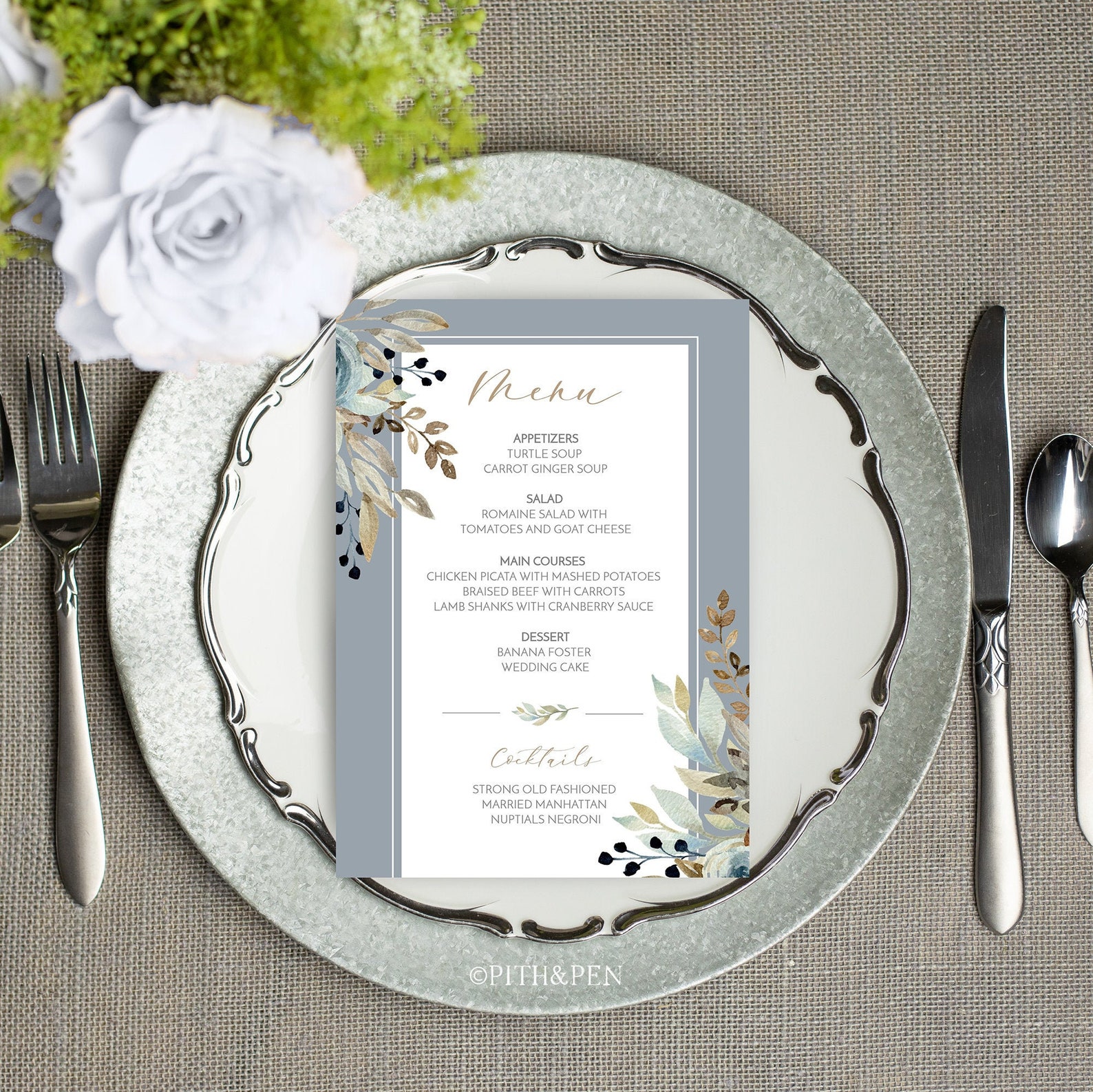 Blue and Gray Wedding Menu Slate Blue Dinner Menu Printable | Etsy