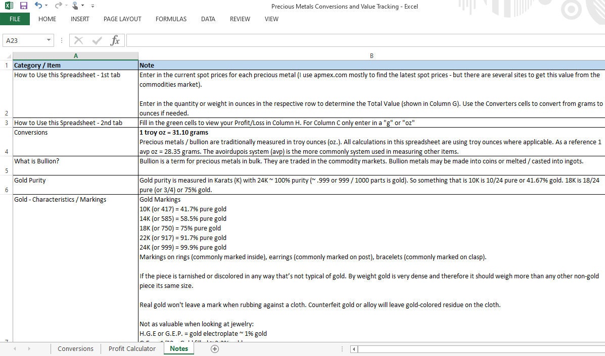 Precious Metals Conversions and Value Tracking Excel Spreadsheet (gold ...