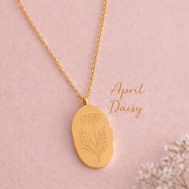 18K Gold Plated Birth Flower Necklace, Personalized Oval Pendant ...
