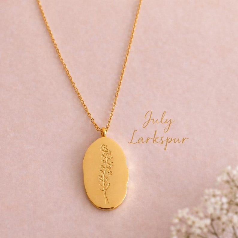 18K Gold Plated Birth Flower Necklace, Personalized Oval Pendant ...