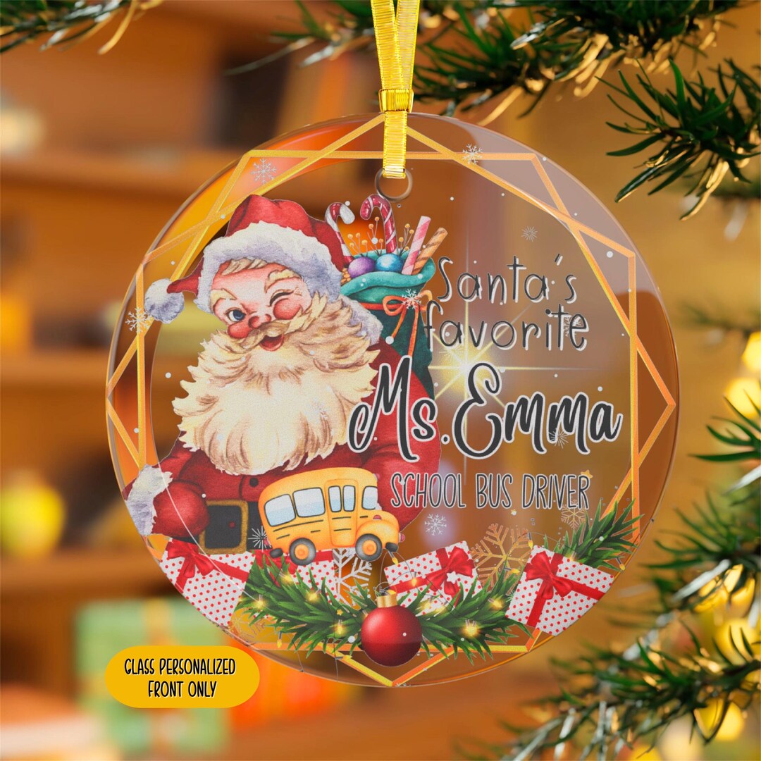 Personalized School Bus Driver Christmas Glass Ornament, Santa's ...