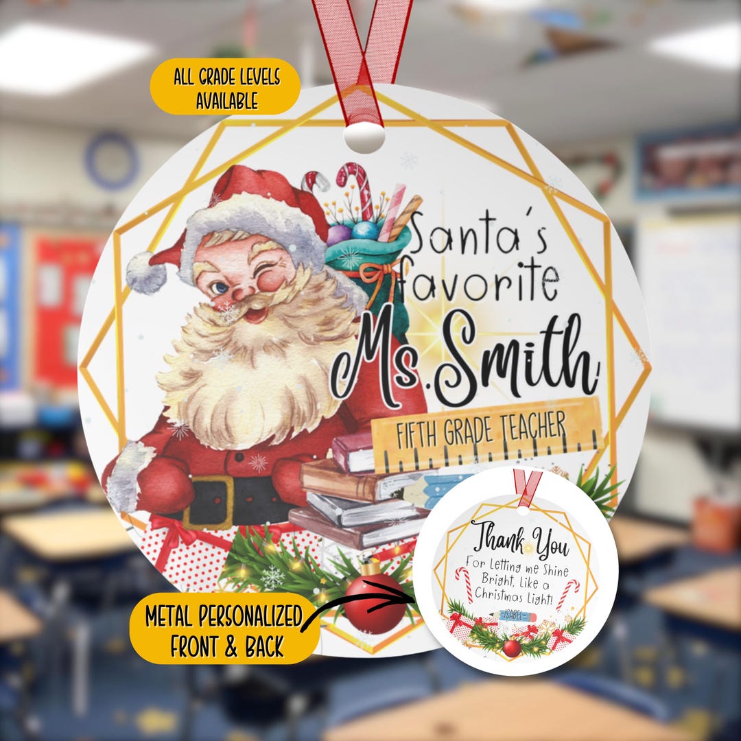 Personalized 5th Grade Teacher Christmas Metal Ornament, Santa's ...