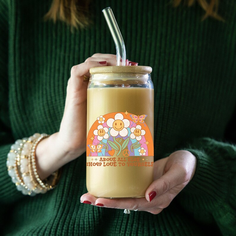 Show Love 16oz Boho Libbey Glass Can, Iced Coffee Glass Can With Straw and Lid, Glass Tumbler ...