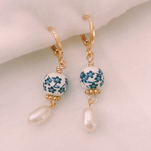 Dainty Blue Porcelain Genuine Freshwater Pearl Gold Huggie | Etsy