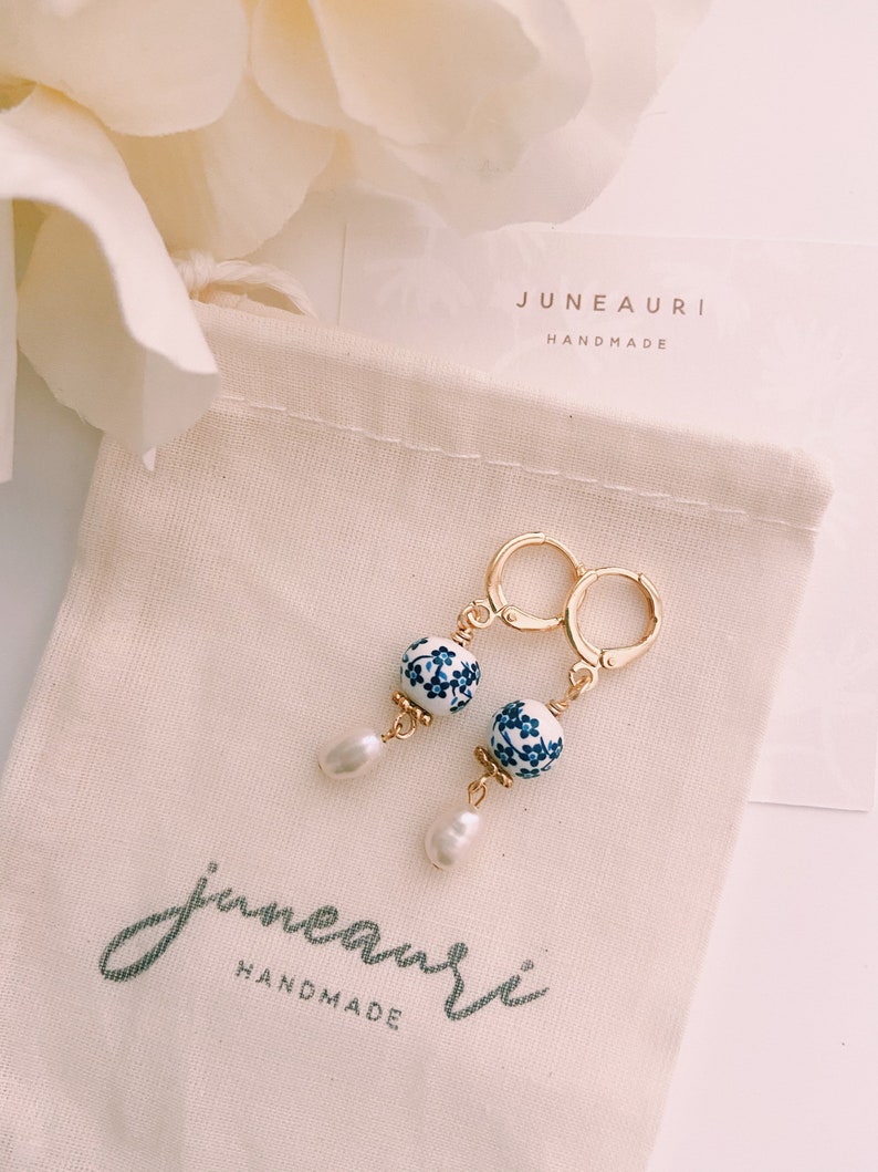 Dainty Blue Porcelain Genuine Freshwater Pearl Gold Huggie | Etsy