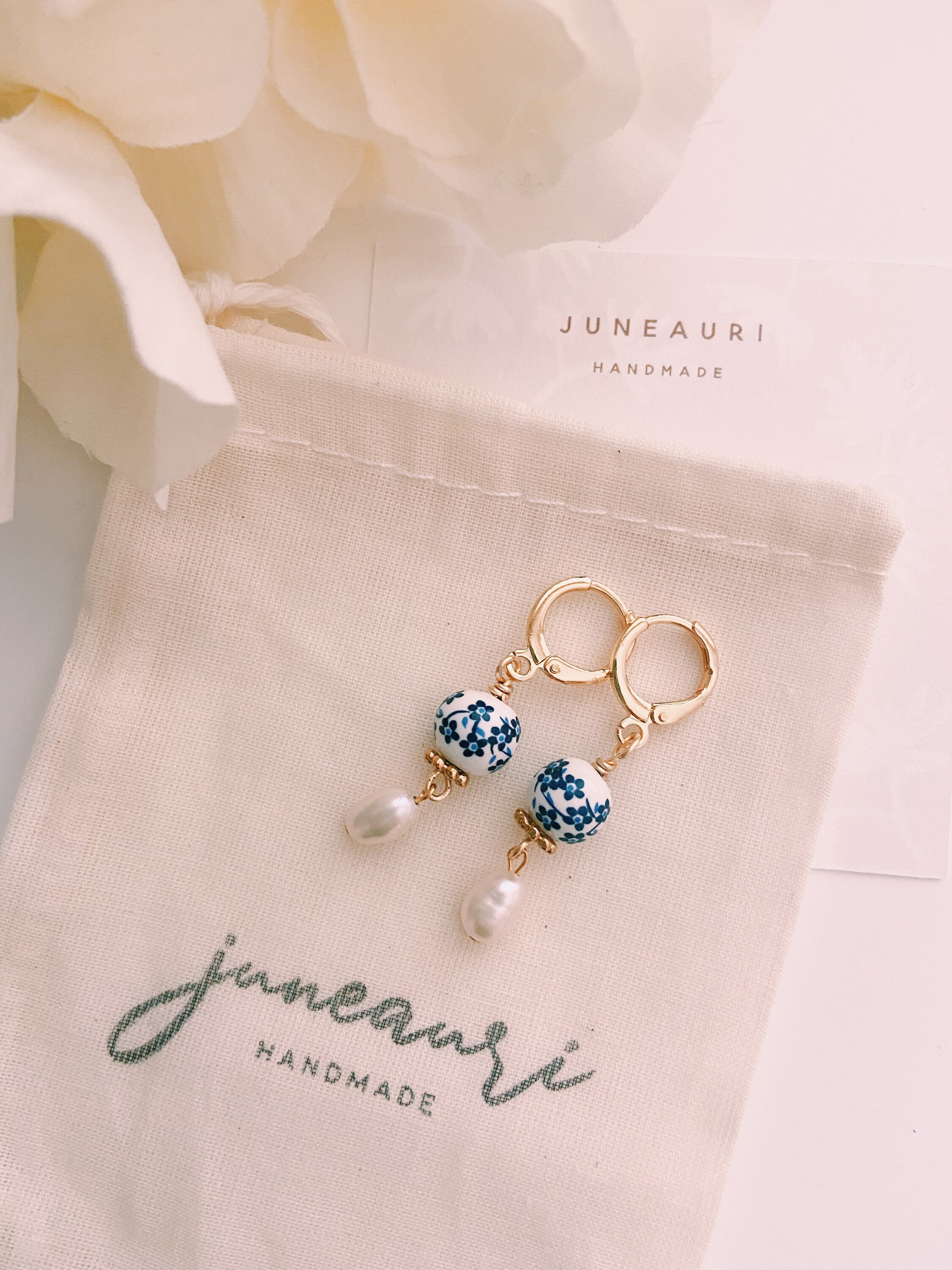 Dainty Blue Porcelain Genuine Freshwater Pearl Gold Huggie | Etsy