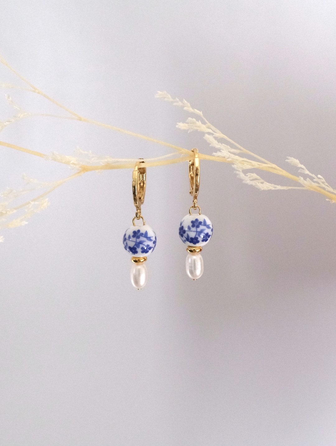 Dainty Blue Porcelain Mini Drop Huggie Hoops, 18k Gold Plated Hoops ...