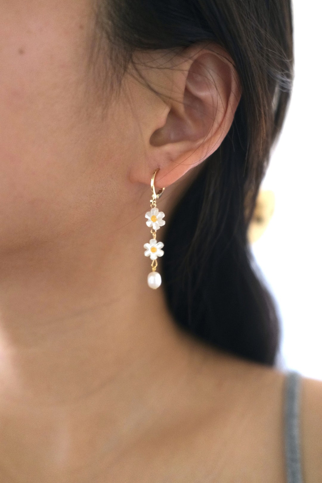 Daisy Shell Drop 18k Hoop Earrings, Pearl Dangle Earrings, Flower ...
