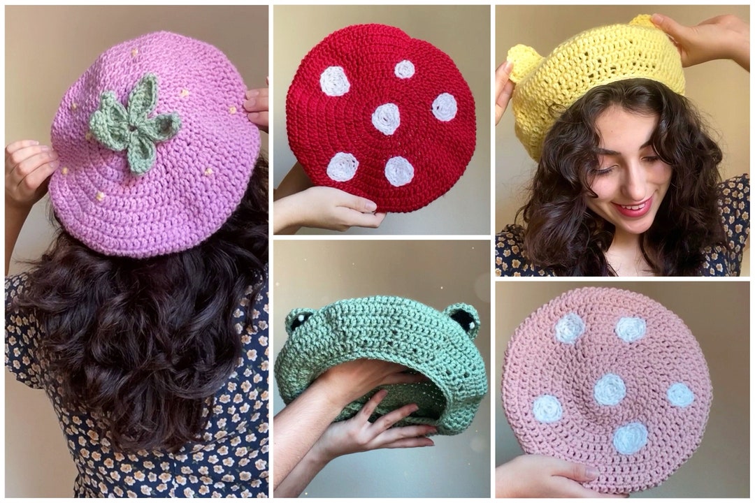 Pastel Cottegecore Crochet Berets- Mushroom, Frog, Strawberry, Winnie ...