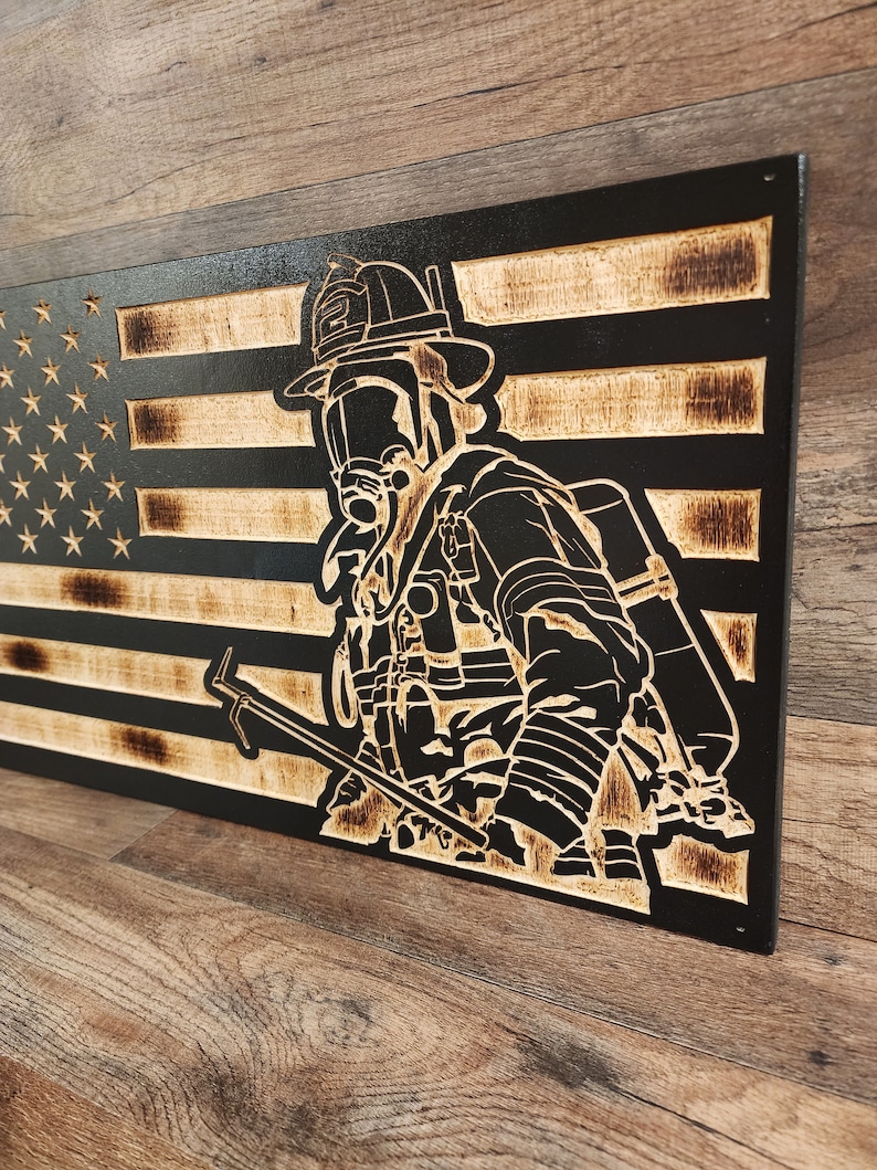 Handcrafted CNC Engraved Firefighter Flag: Rustic Burnt Wood - Etsy