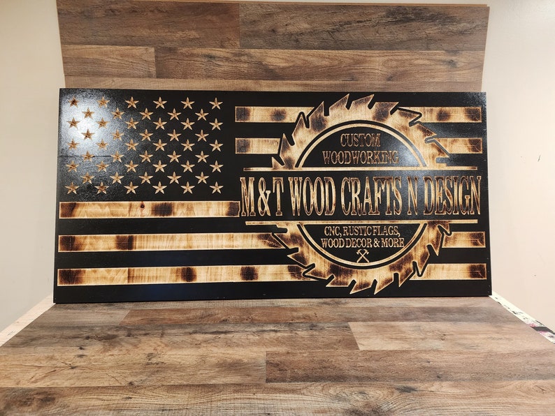 Hand-crafted CNC Engraved Personalized Business Flag: Rustic Burnt Wood ...