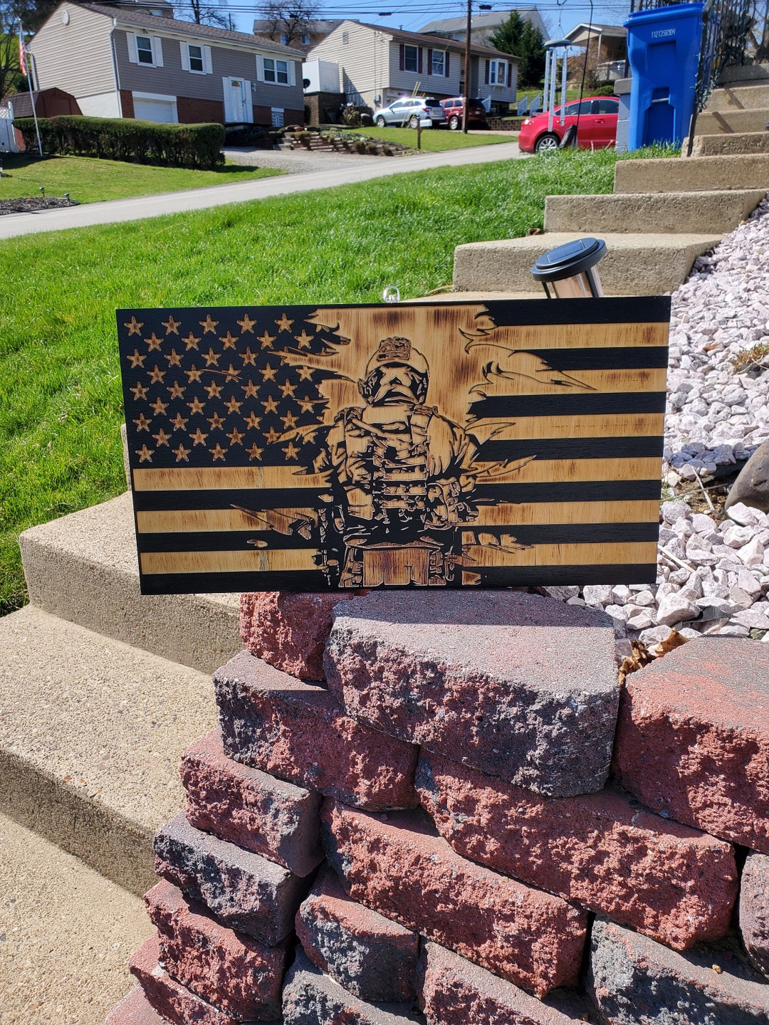 Engraved Tattered American Flag With Soldier: Rustic Military Wall Art ...