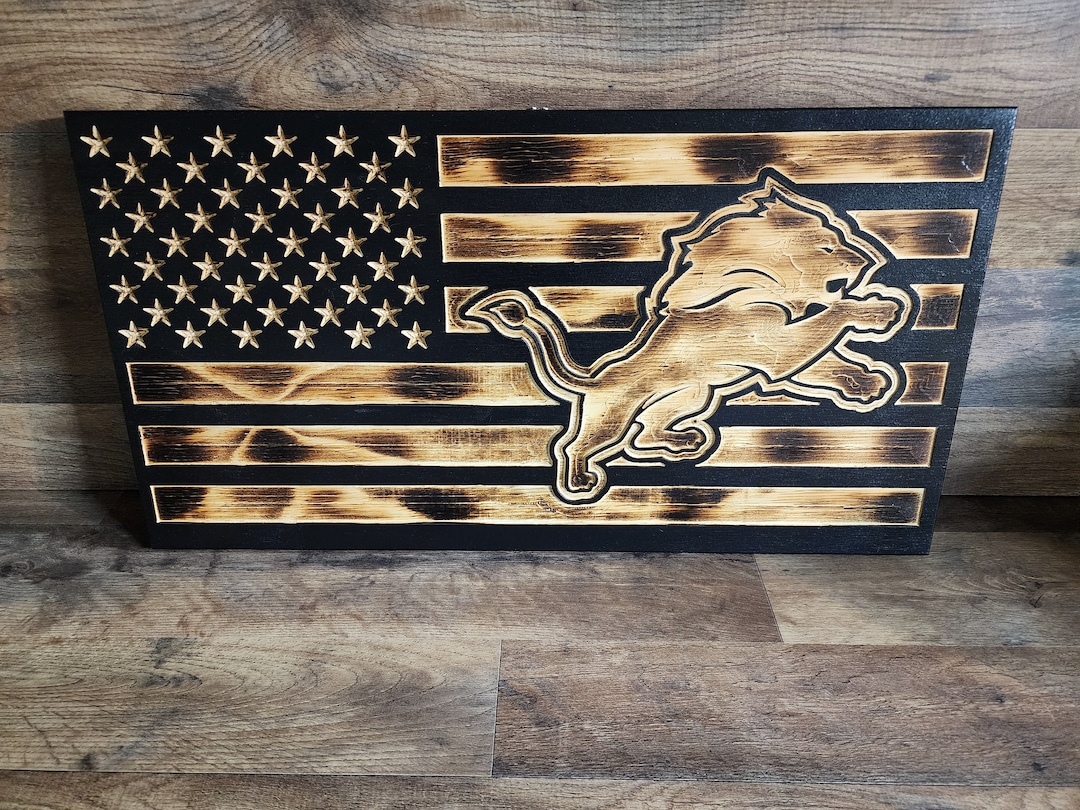 Handcrafted Detroit Lions American Flag: CNC Engraved Rustic Wood - Etsy