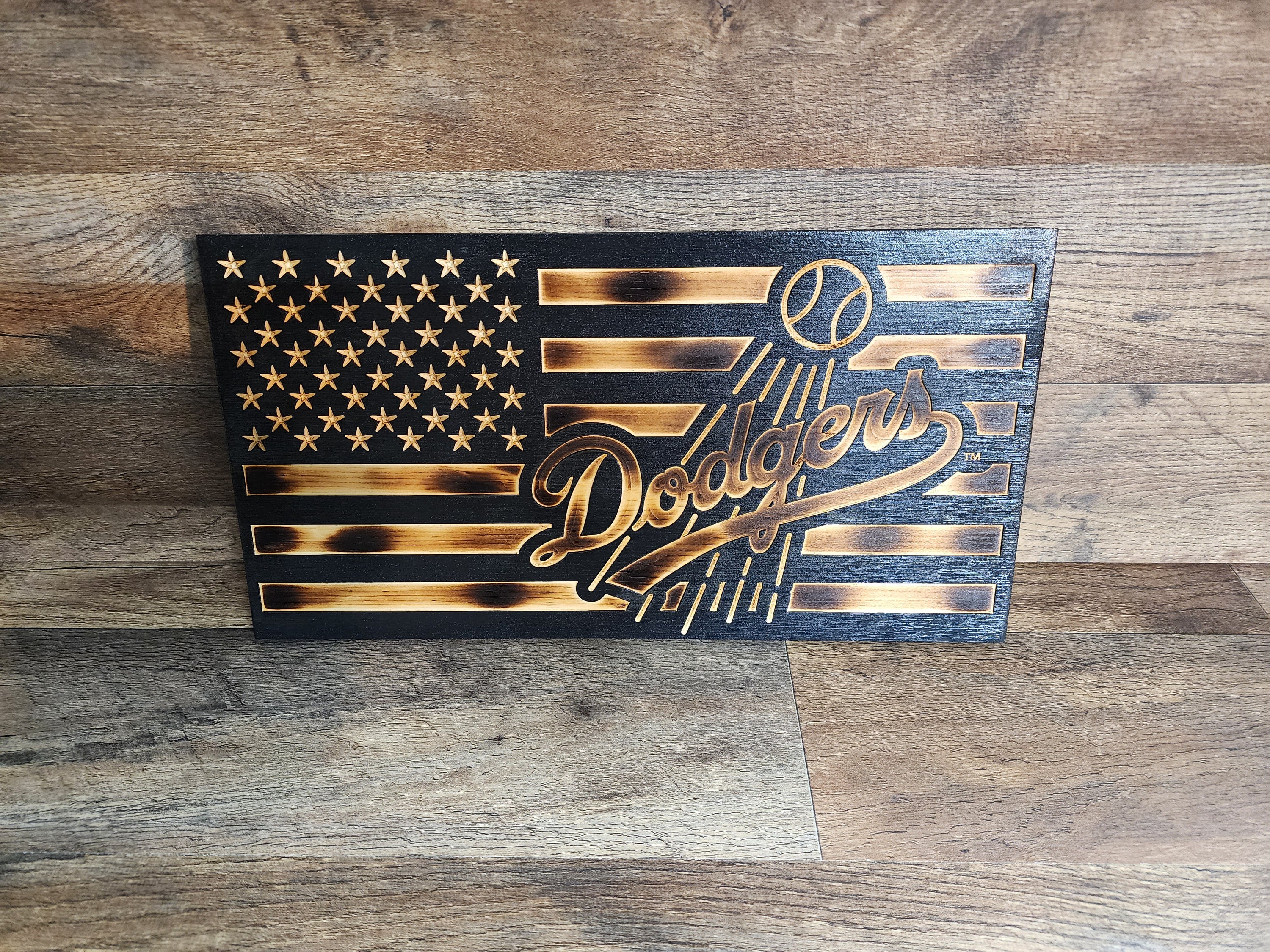 Handcrafted LA Dodgers Wooden Flag: Rustic Burnt Baseball Decor - Etsy