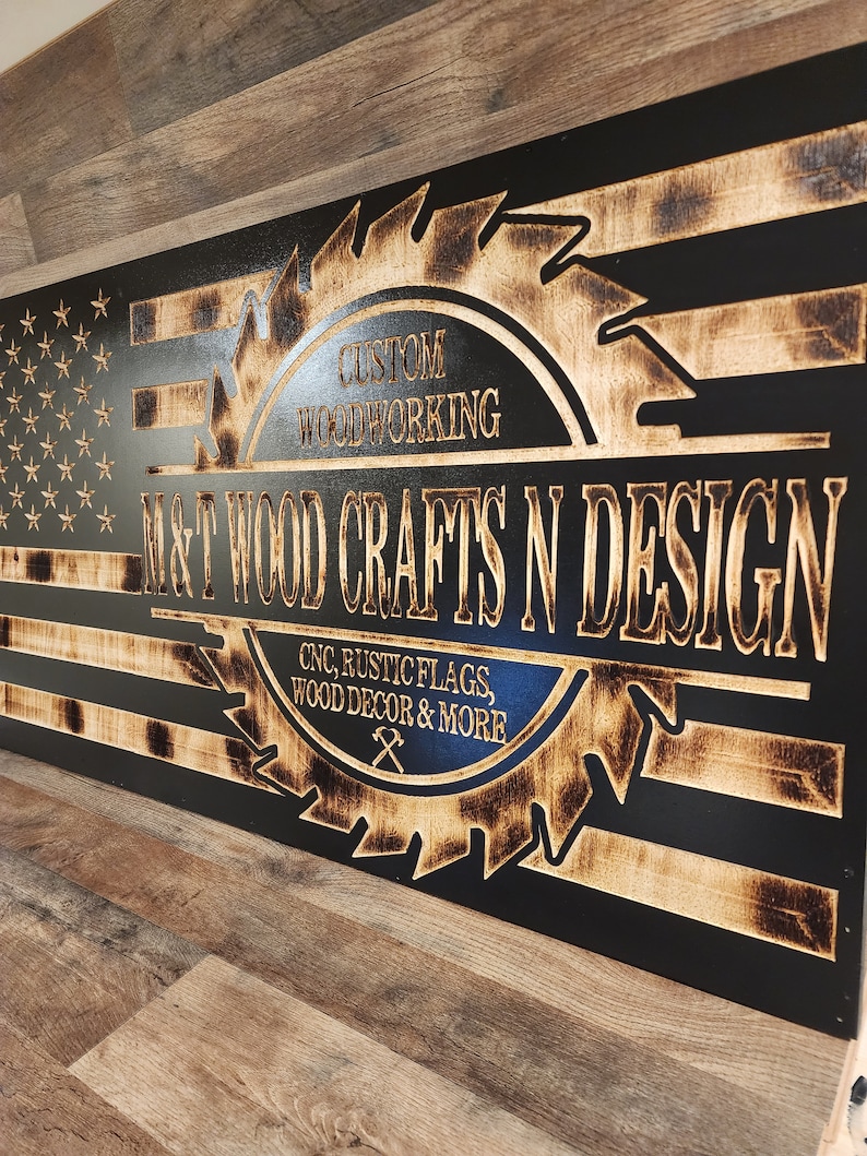 Hand-crafted CNC Engraved Personalized Business Flag: Rustic Burnt Wood ...