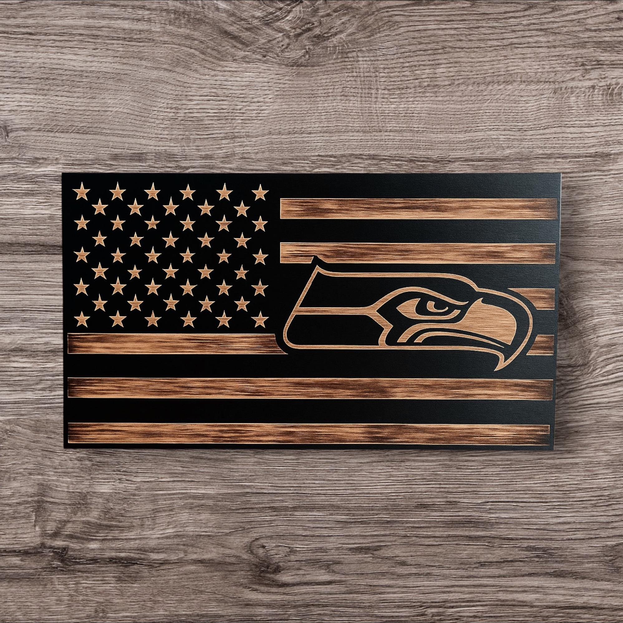 Handcrafted Seahawks Wooden American Flag: Custom Engraved Fan Decor - Etsy
