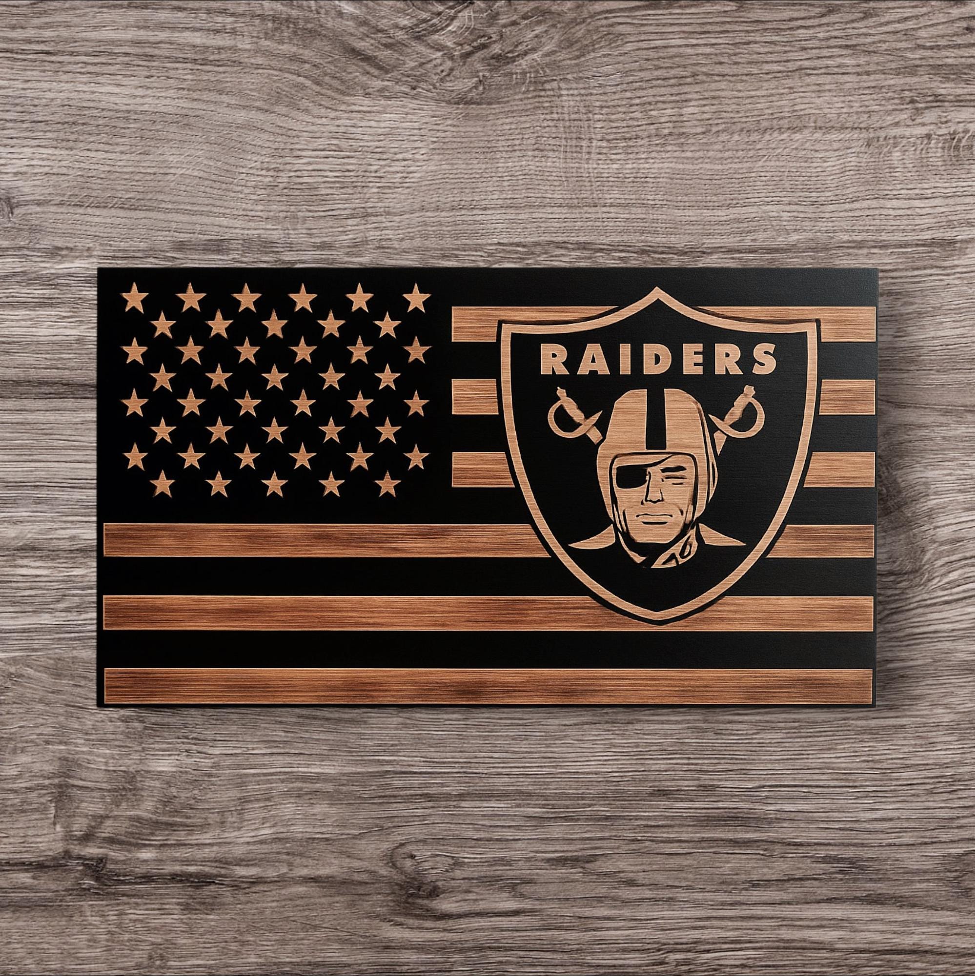 Handcrafted Raiders Wooden American Flag: Custom Engraved Fan Art - Etsy