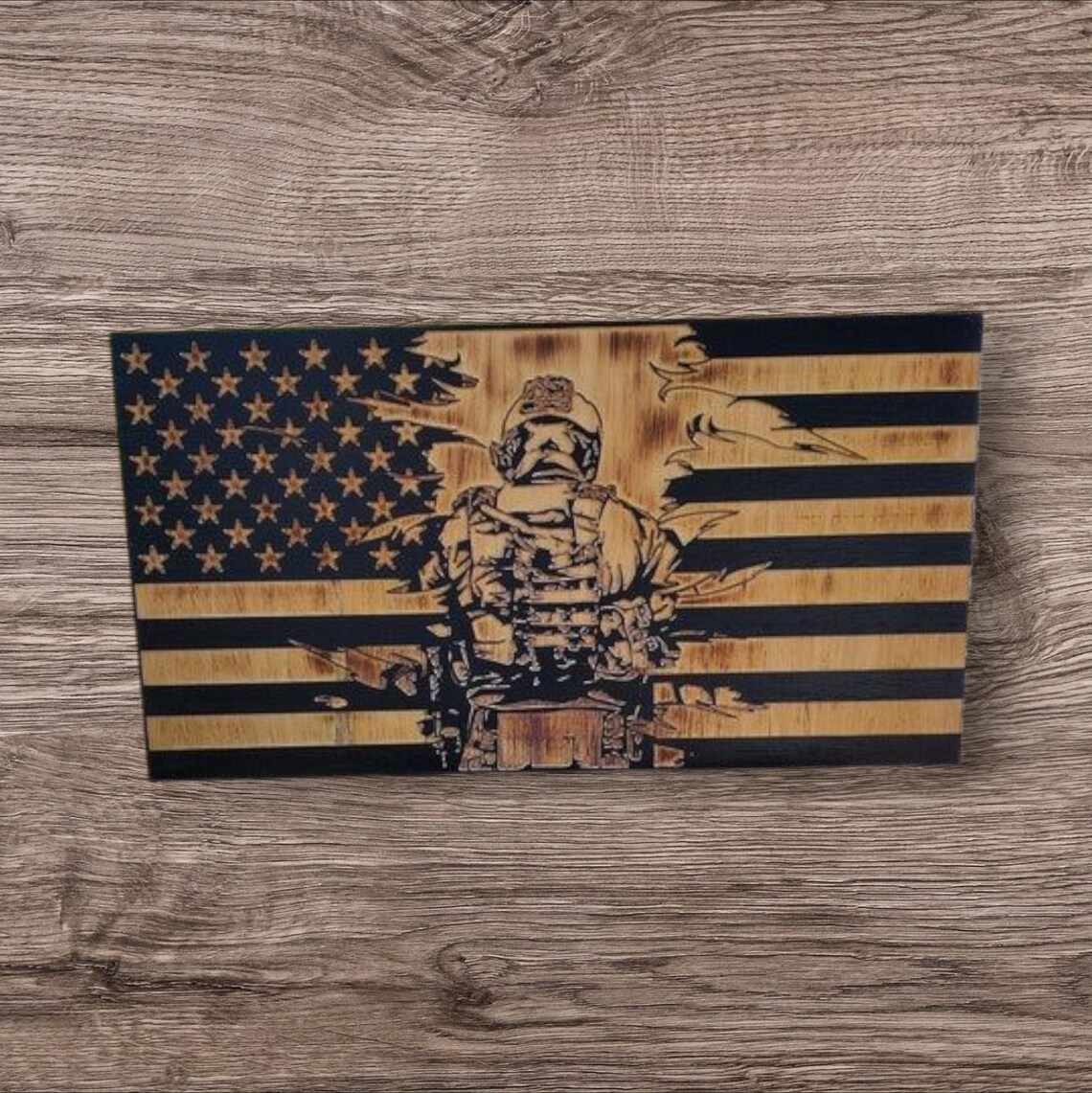 Engraved Tattered American Flag With Soldier: Rustic Military Wall Art ...