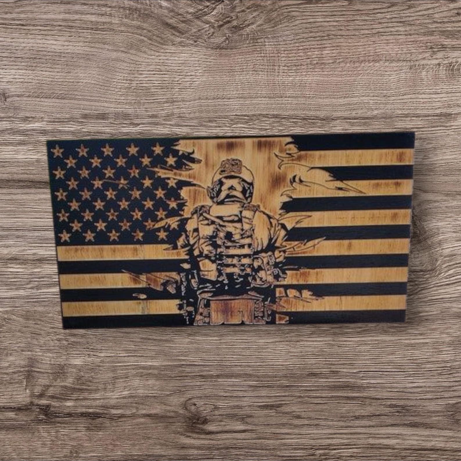 Engraved Tattered American Flag With Soldier: Rustic Military Wall Art ...