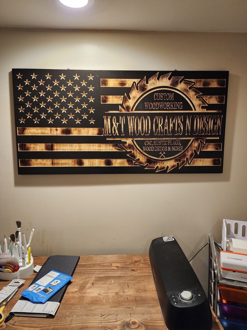 Hand-crafted CNC Engraved Personalized Business Flag: Rustic Burnt Wood ...