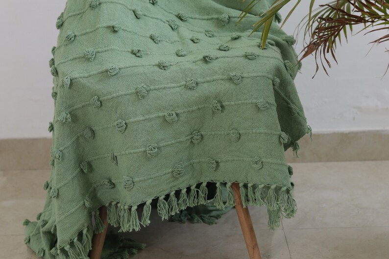 Sage Green Throw Blanket With Fringes Aesthetic Chunky Loops in Solid ...