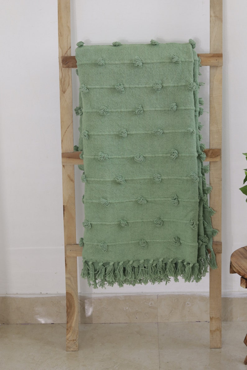 Sage Green Throw Blanket With Fringes Aesthetic Chunky Loops in Solid ...