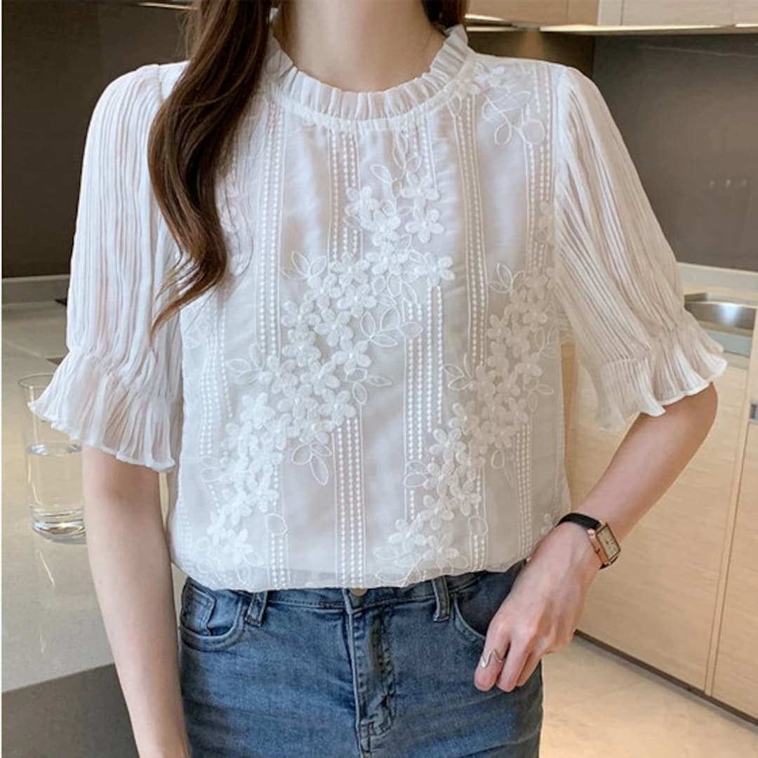 Short Sleeve Womens Blouse Tops Embroidery Lace Chiffon - Etsy
