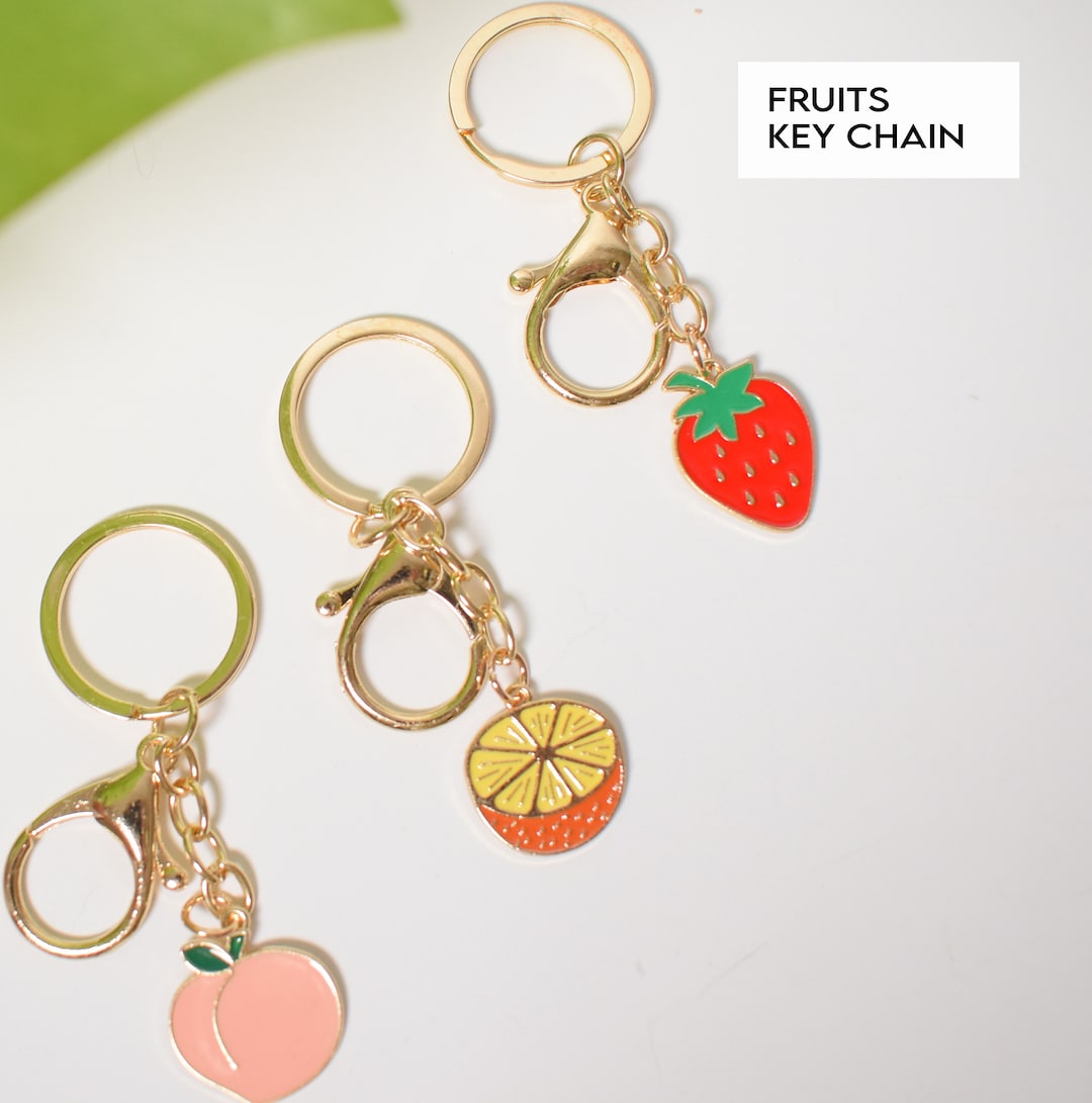 Gold Fruit Keychain Ring, Peach Enamel Keychain Charm, Strawberry ...