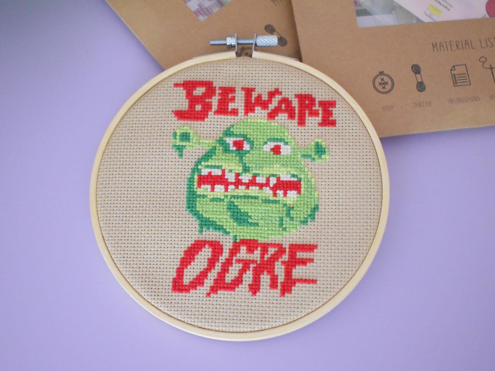 Shrek Cross Stitch Pattern, Beware Ogre Sign DIY Craft Kit, 6inch ...