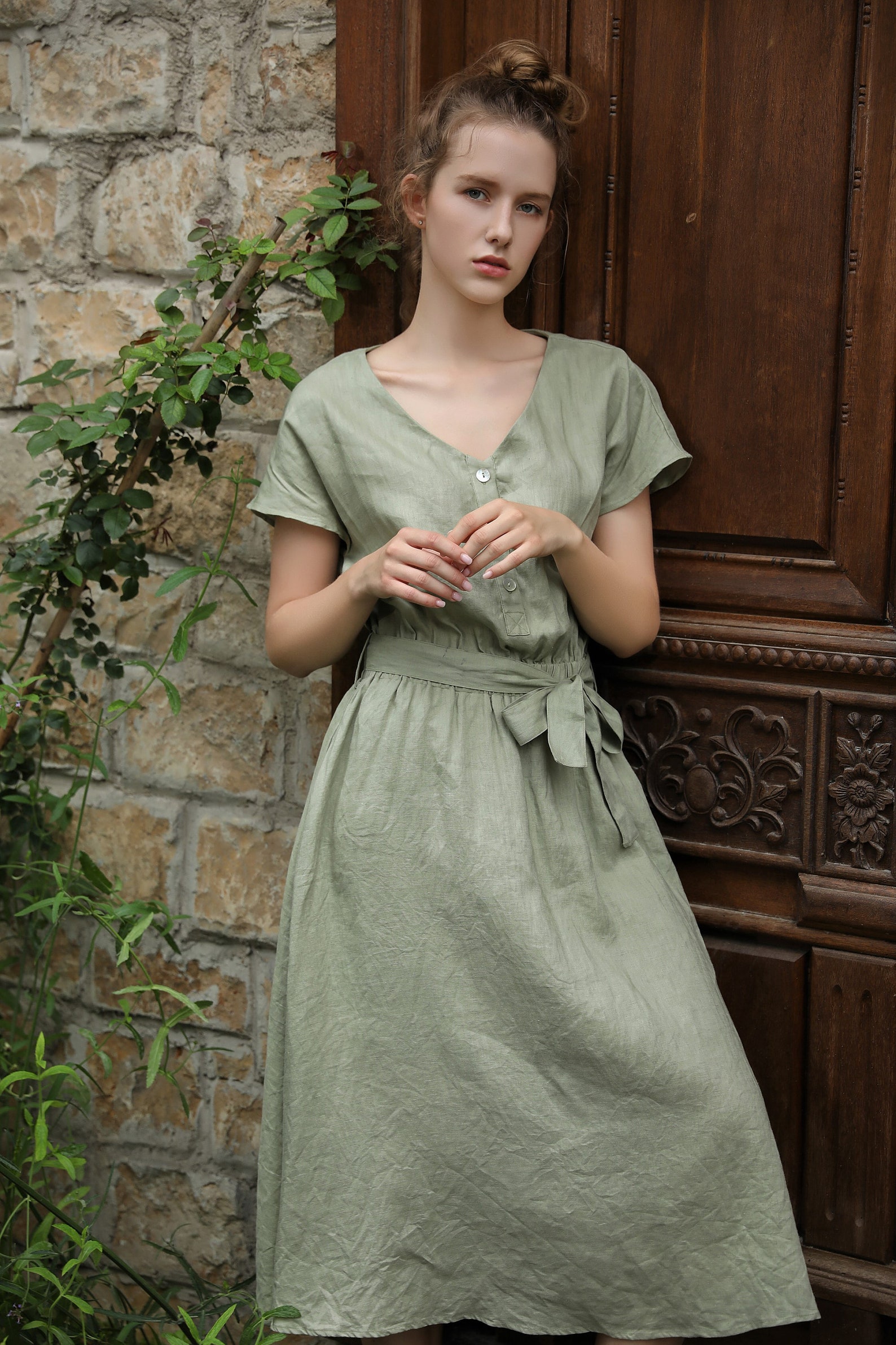 Linen Dress PROVENCE With Front Snap, Vintage Linen Dress, Linen Midi ...