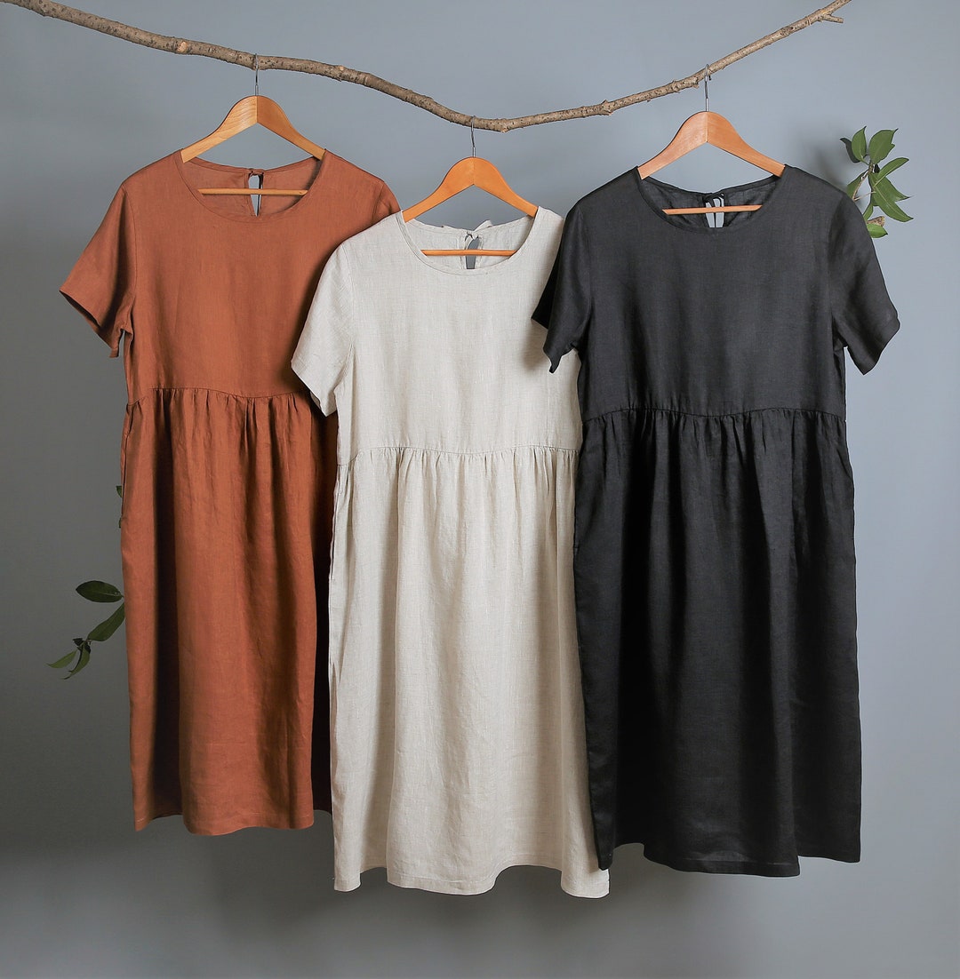 Casual Linen Dress, Midi Linen Dress, Midi Dress With Side Pockets ...