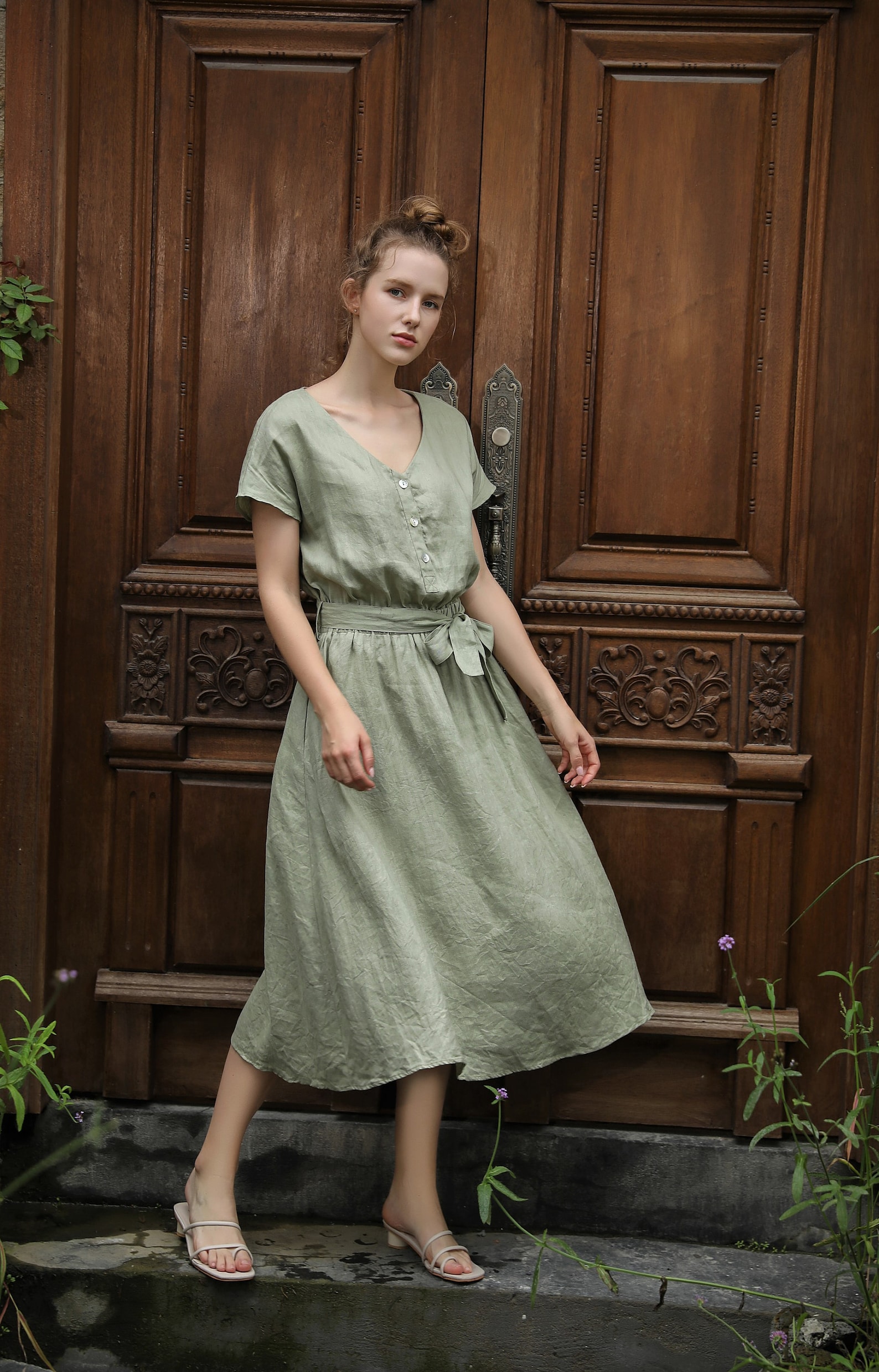 Linen Dress PROVENCE With Front Snap, Vintage Linen Dress, Linen Midi ...