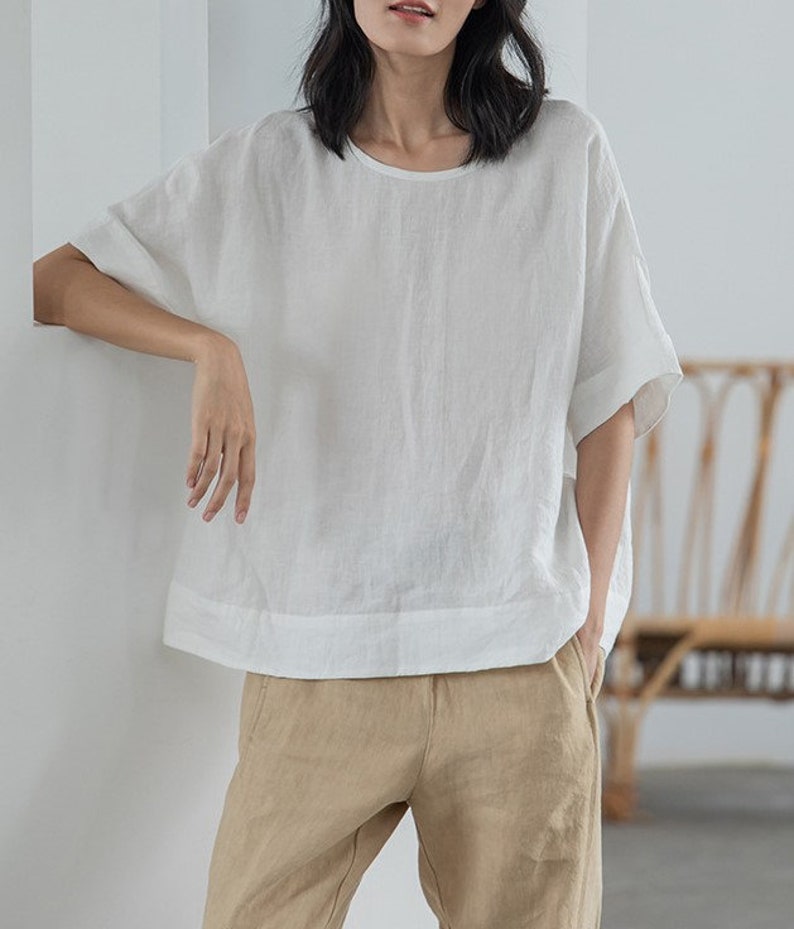 Linen Women Top/short Sleeve Linen Blouse/loose Fit Linen Top - Etsy