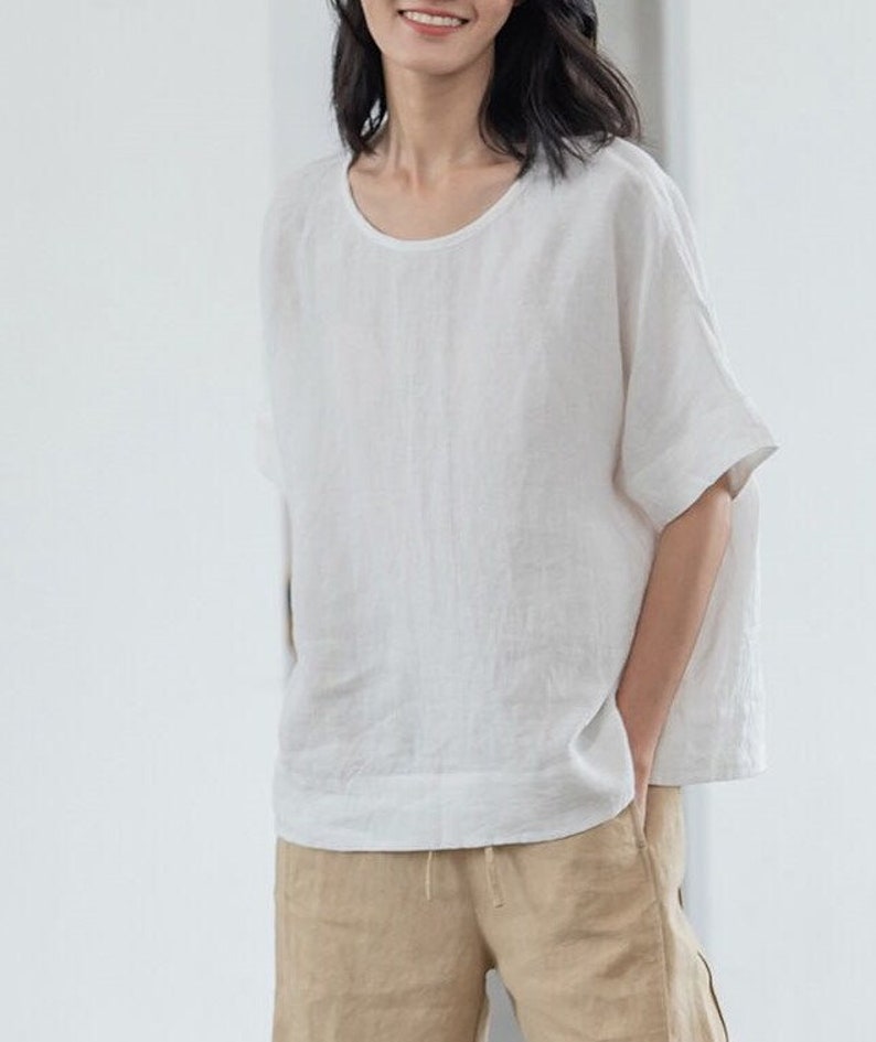 Linen Women Top/short Sleeve Linen Blouse/loose Fit Linen Top Short ...