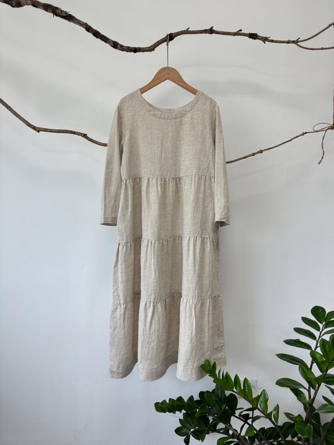 Classic Tiered Long Dress, Tiered Swing Dress, Three-quarter Sleeve ...