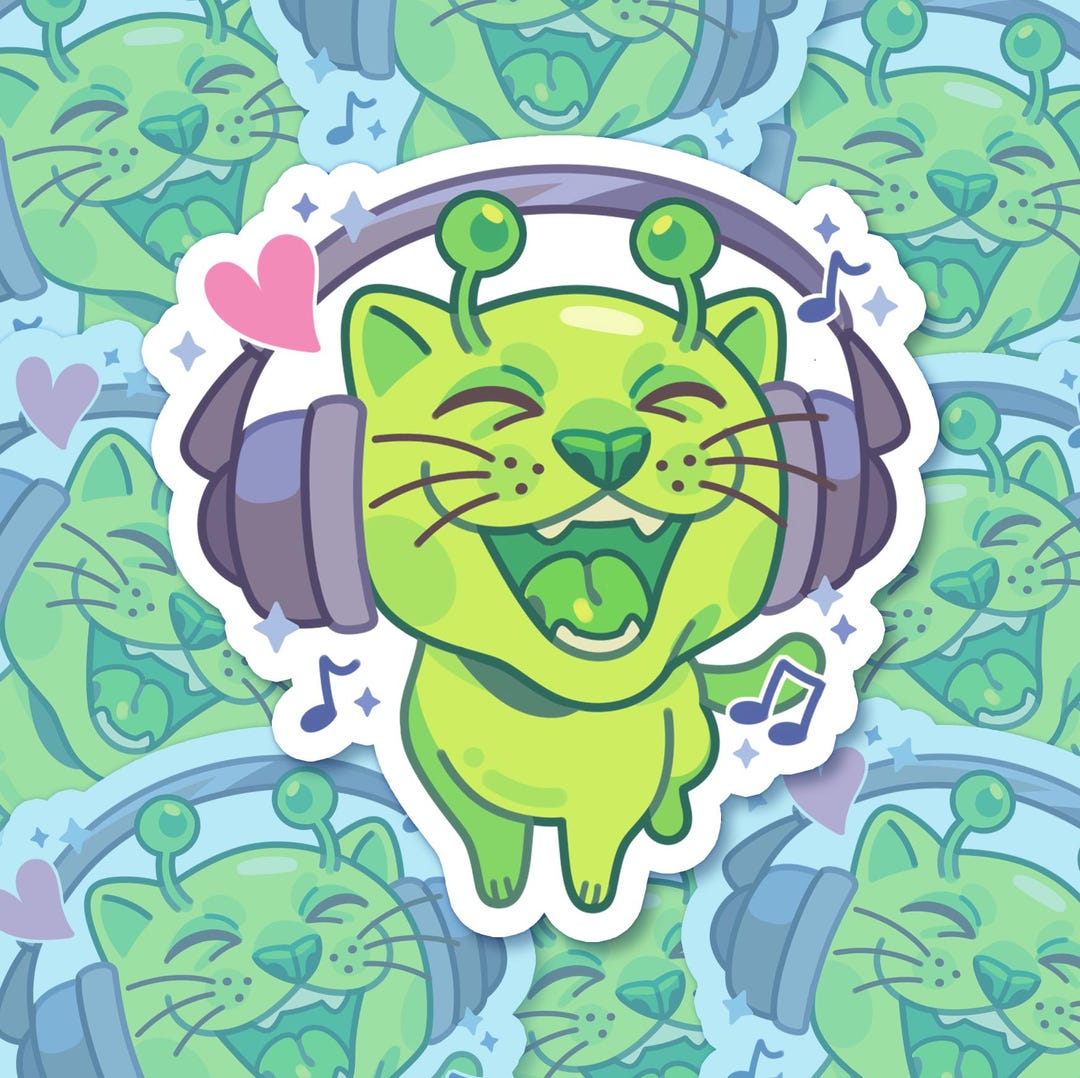 Green Alien Cat Listening to Music Singing Meme Sticker (2.3" Glitter ...