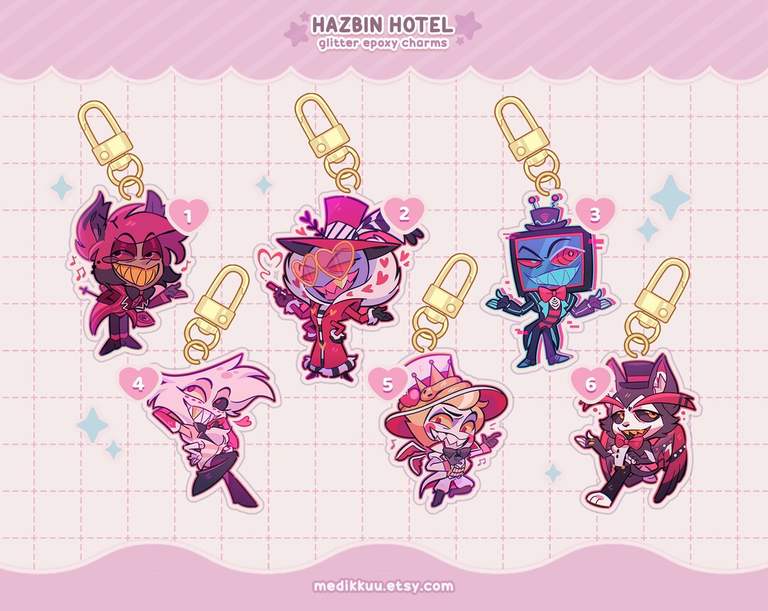 PREORDER Hazbin Hotel Charms Keychains & Stickers | Alastor, Valentino, Vox, Angel Dust, Husk - Etsy