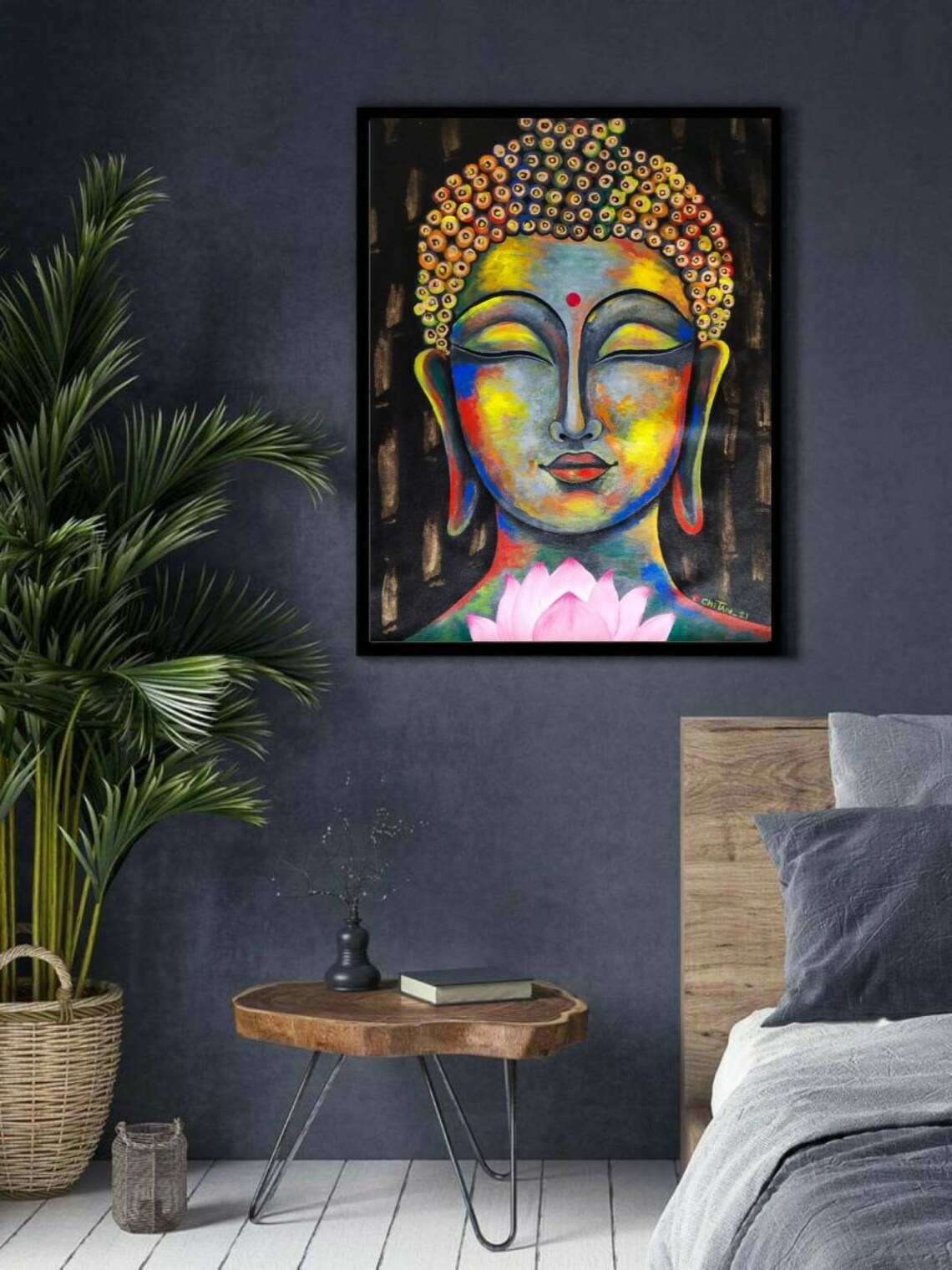 The Colorful Buddha With Pink Lotuslarge Size Original Buddha | Etsy