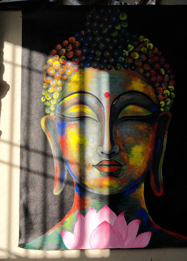 The Colorful Buddha With Pink Lotuslarge Size Original Buddha | Etsy