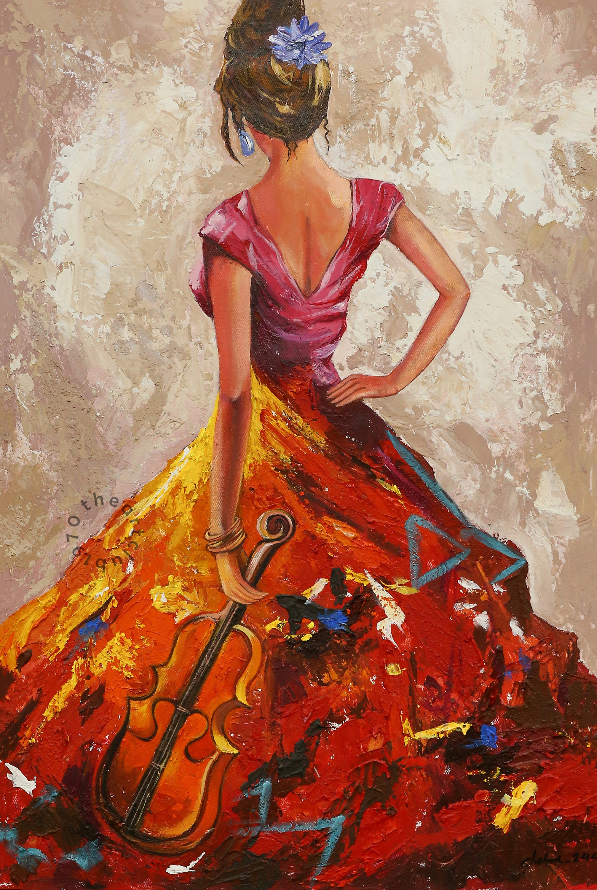 Colorful Lady With Violin Painting Original Musician Canvas Wall Art ...