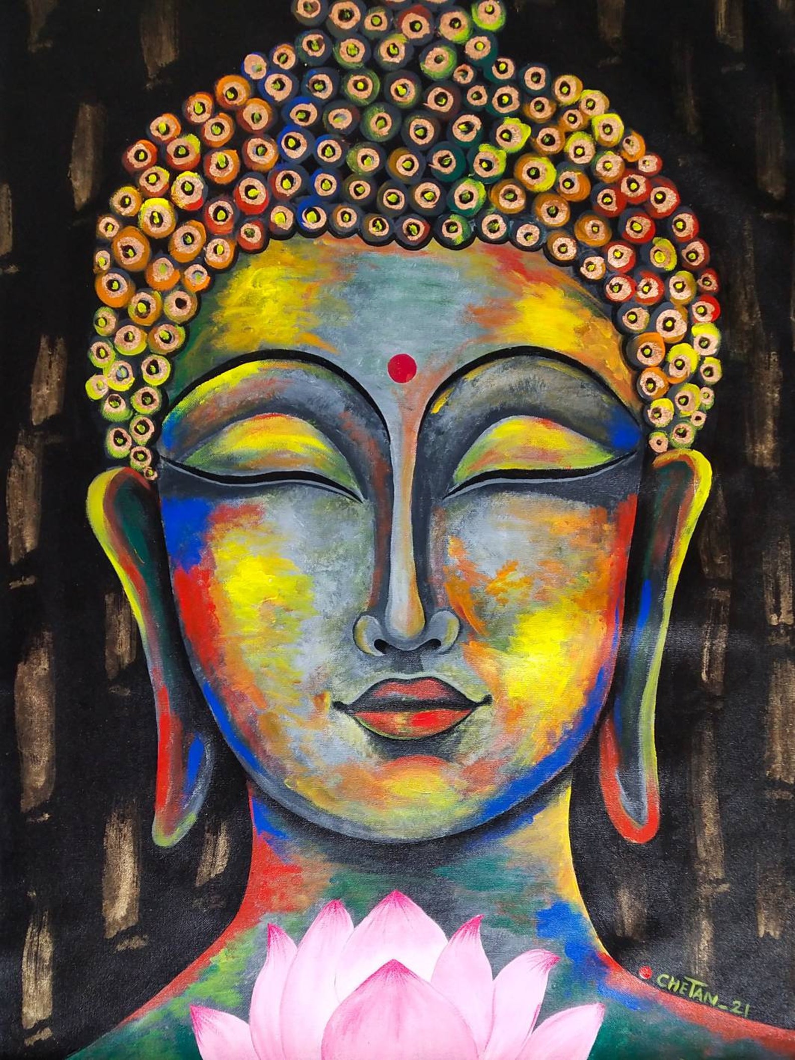 The Colorful Buddha With Pink Lotuslarge Size Original Buddha | Etsy