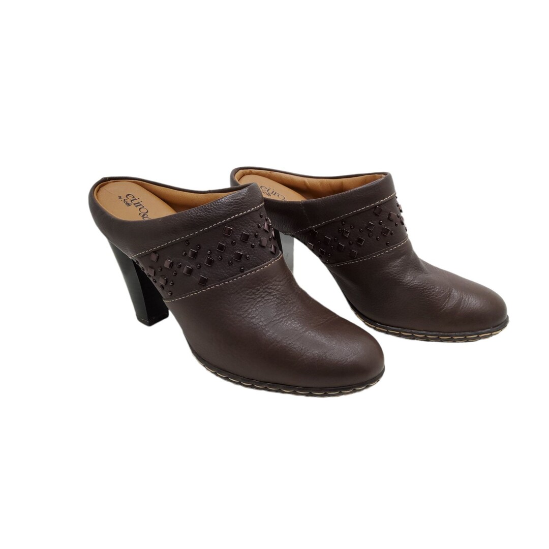 2000s Eurosoft by Sofft Women's Brown Studded Leather Mules / Clogs, 3. ...