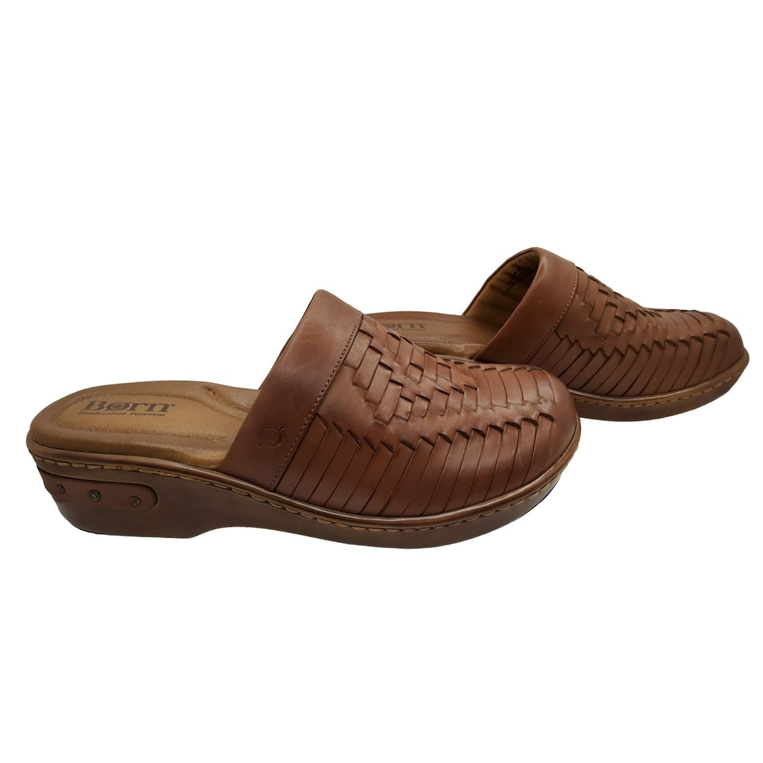 2000s Born Womens milo Slide on Saddle Brown Leather Weave Pattern ...