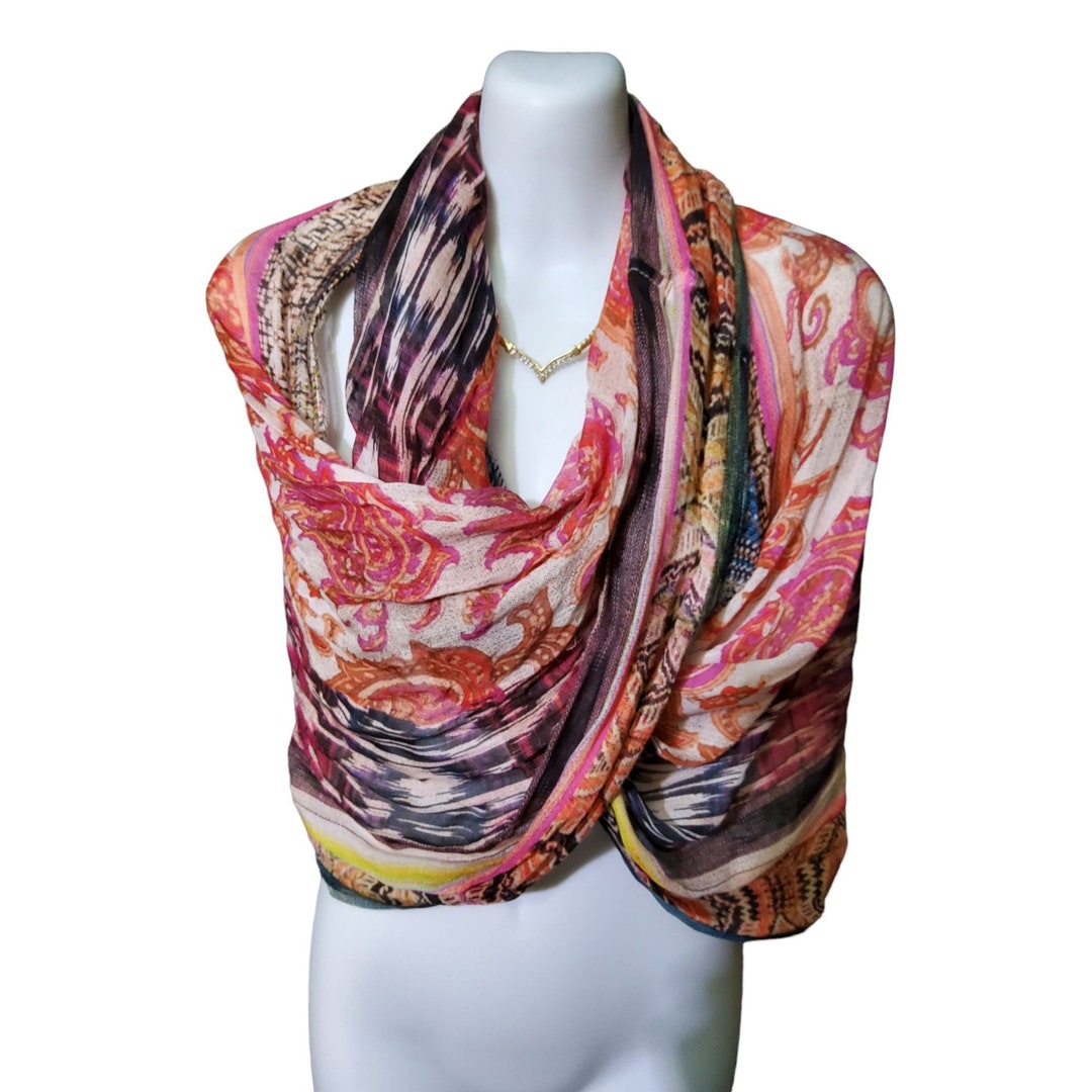 1990s Beautiful Eternity Loop Light Fabric Multicolor Scarf. Necklace ...