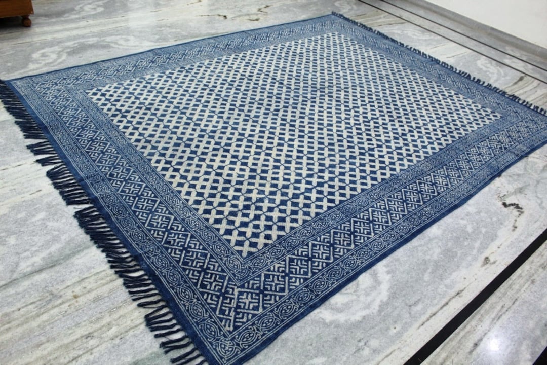 7x12 Ft Blue Area Rug, Cotton Rug, Block Print Rug , Outdoor / Indoor ...