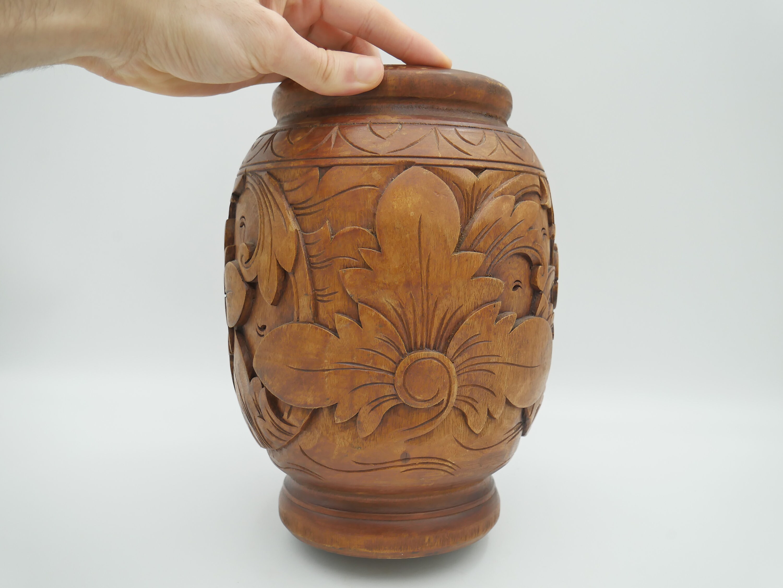 Hand Carved Wood Vase Raised Floral Exotic Jar - Etsy