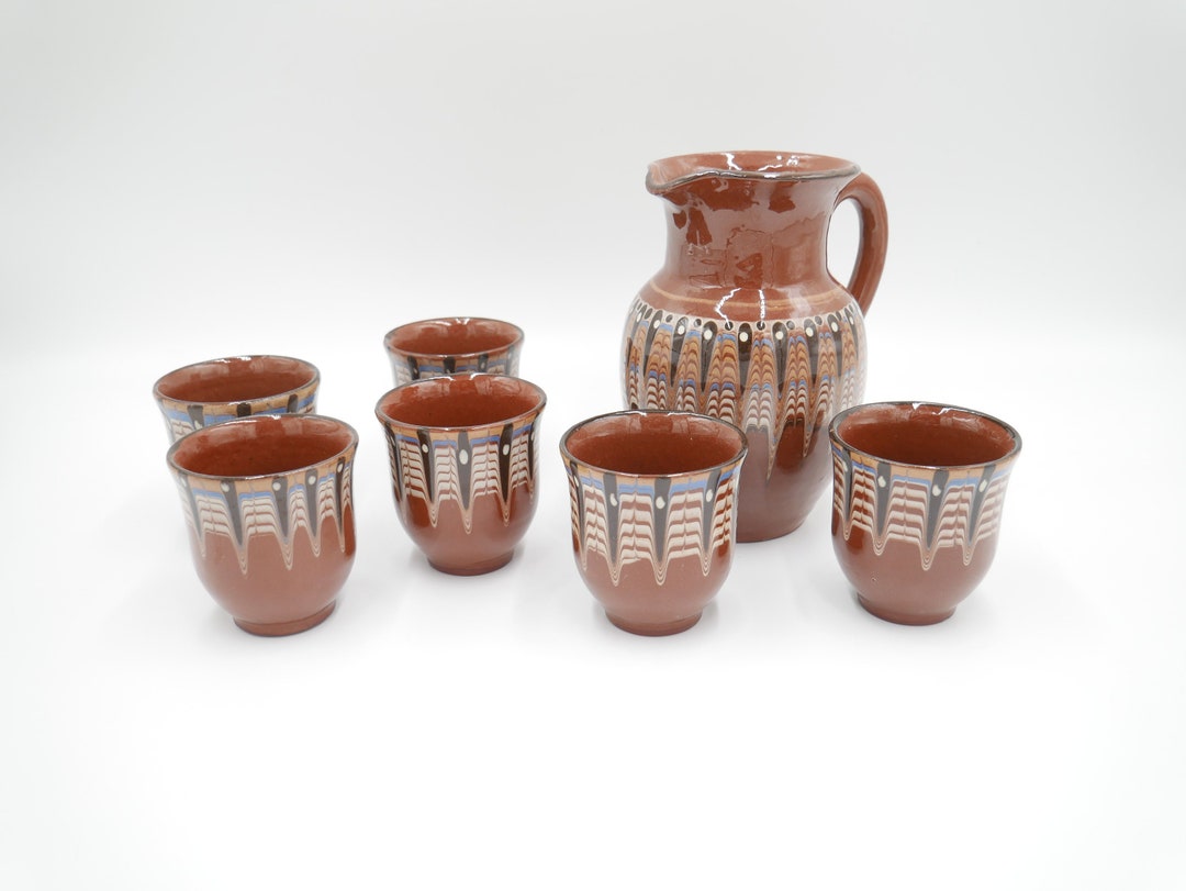 Drip Glaze Pitcher and Six Tumblers Troyan Folk Art Bulgarian Pottery ...